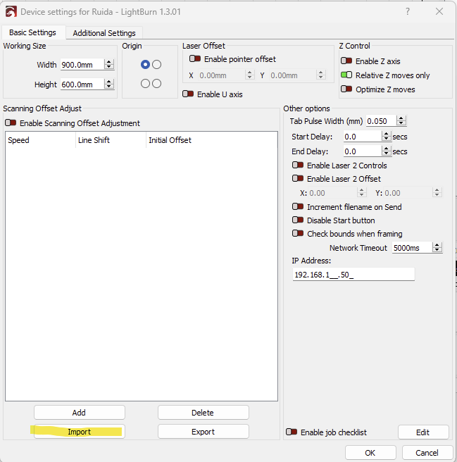 Thunder Laser Scanning Offset Adjustment